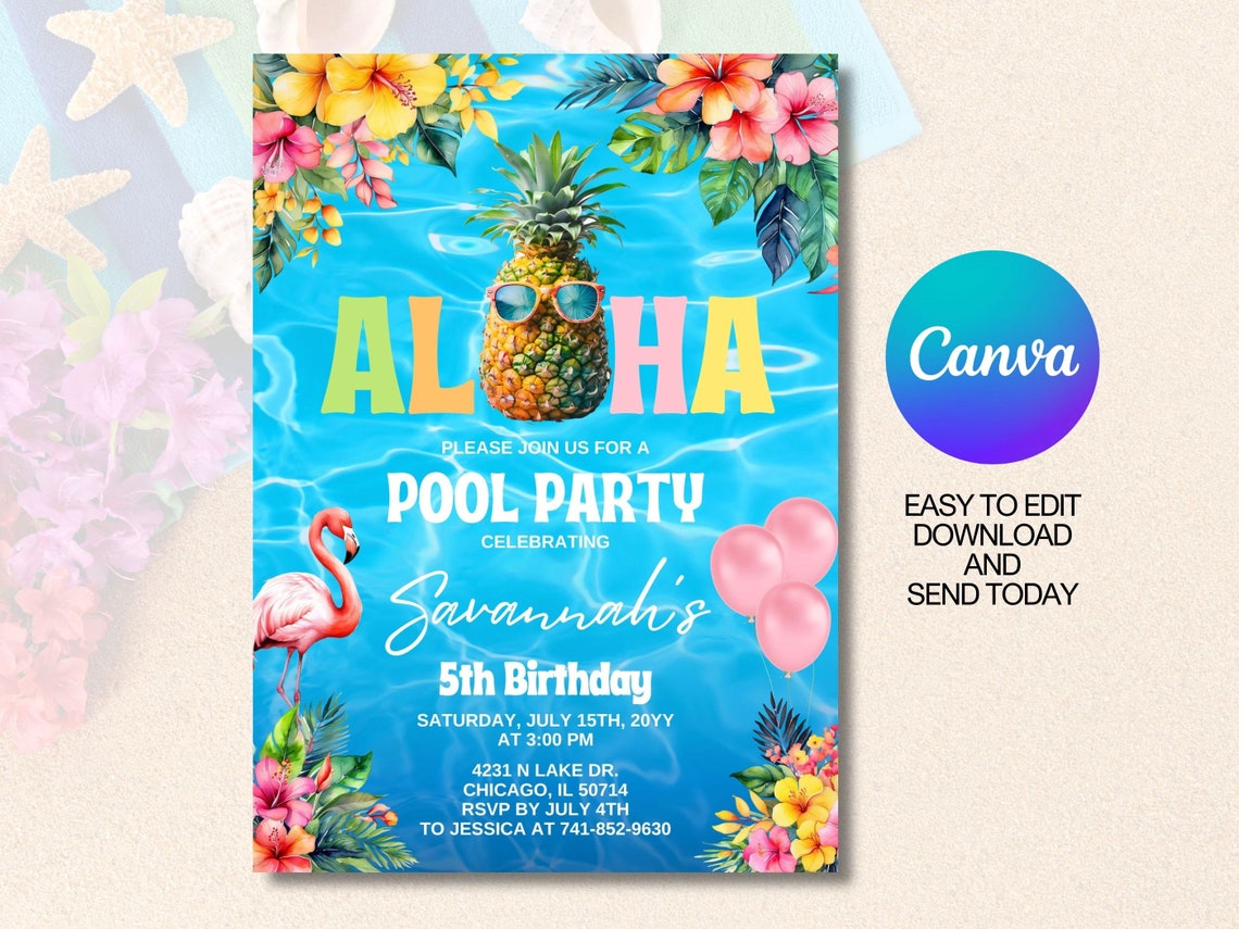 Editable Aloha Pool Party Birthday Invitation, Hawaiian Pool Party ...