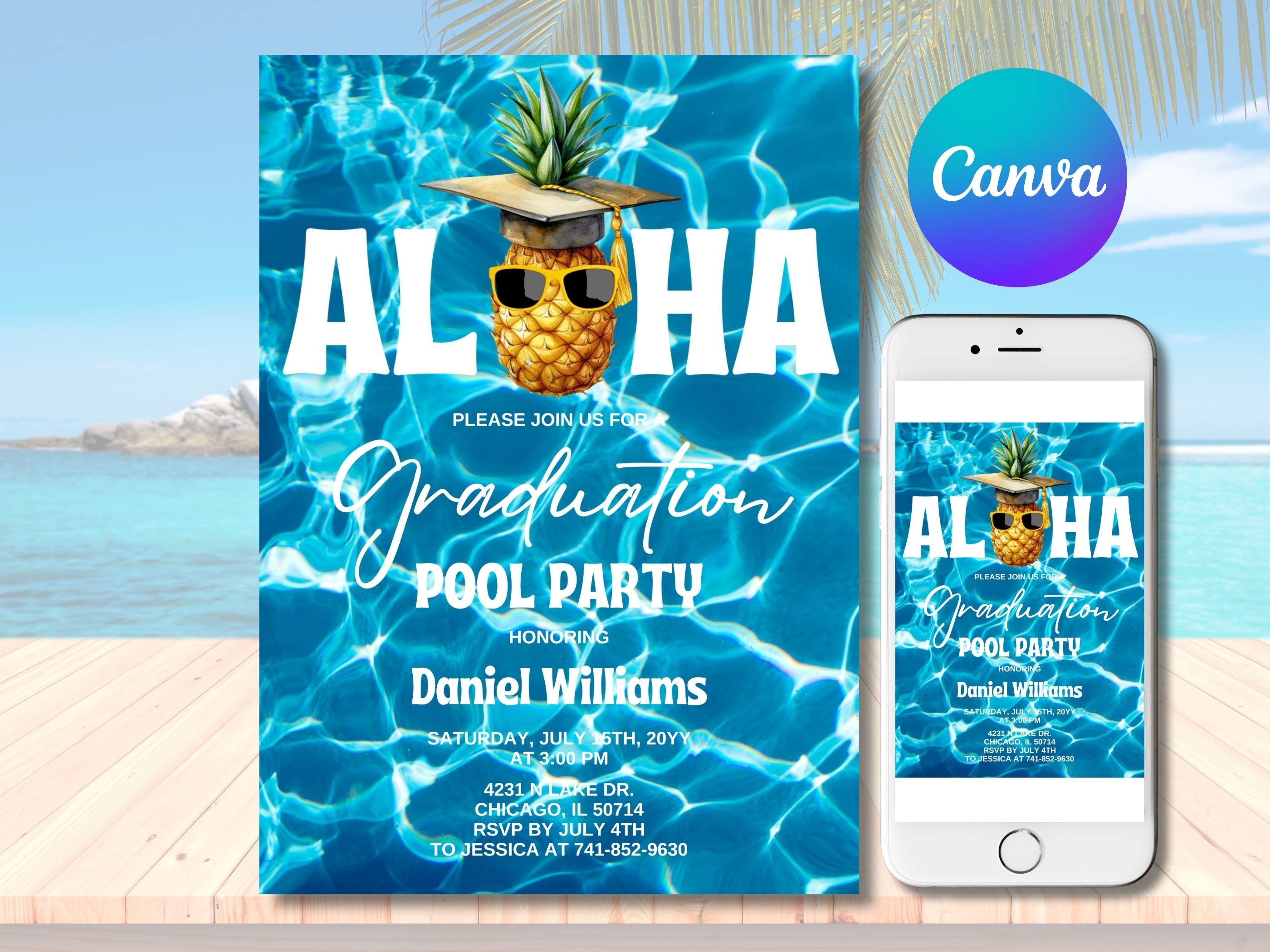 Editable Aloha Pool Party Birthday Invitation for Man, Hawaiian Pool ...