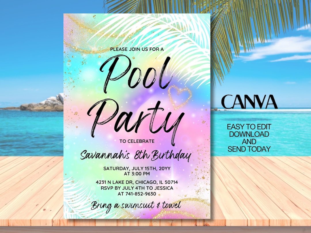 Editable Pool Party Birthday Invitation, Hawaiian Pool Party Invitation ...