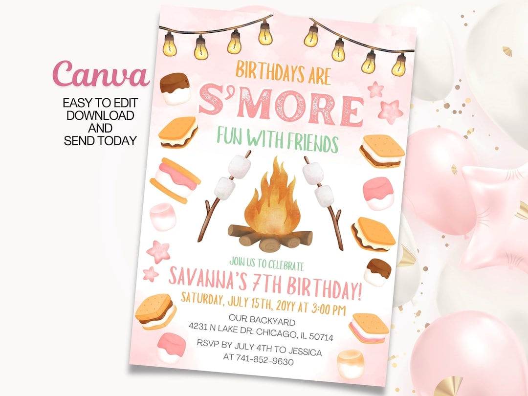 Editable S'mores Fun Birthday Party Invitation for Girls, Backyard ...