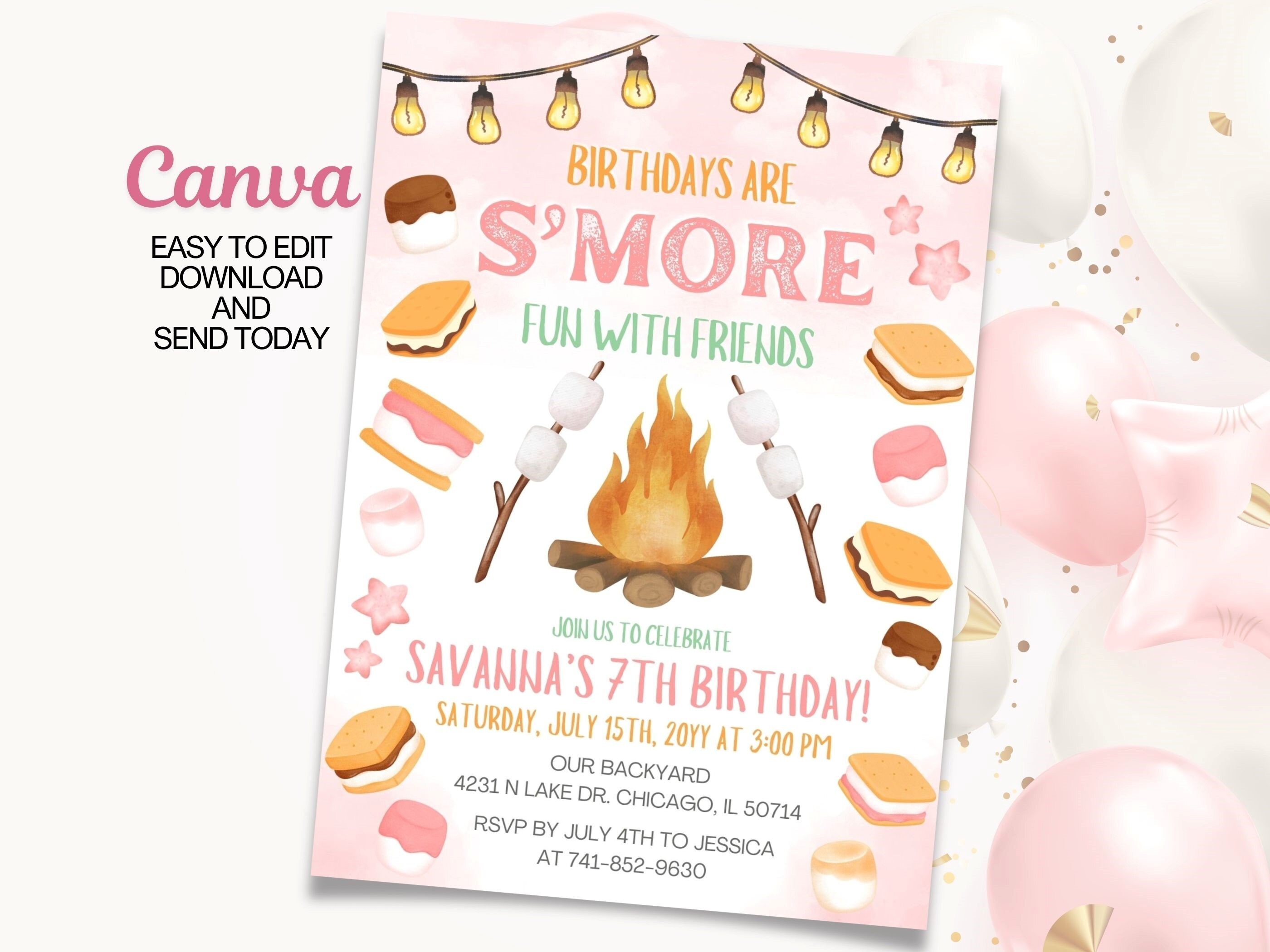 S'mores Birthday Party Invitation: Camping Bonfire, Editable Template ...