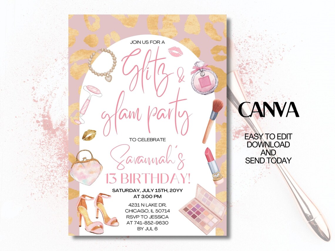 Glitz and Glam Birthday Invitation: Makeup Spa Party (canva, Instant ...