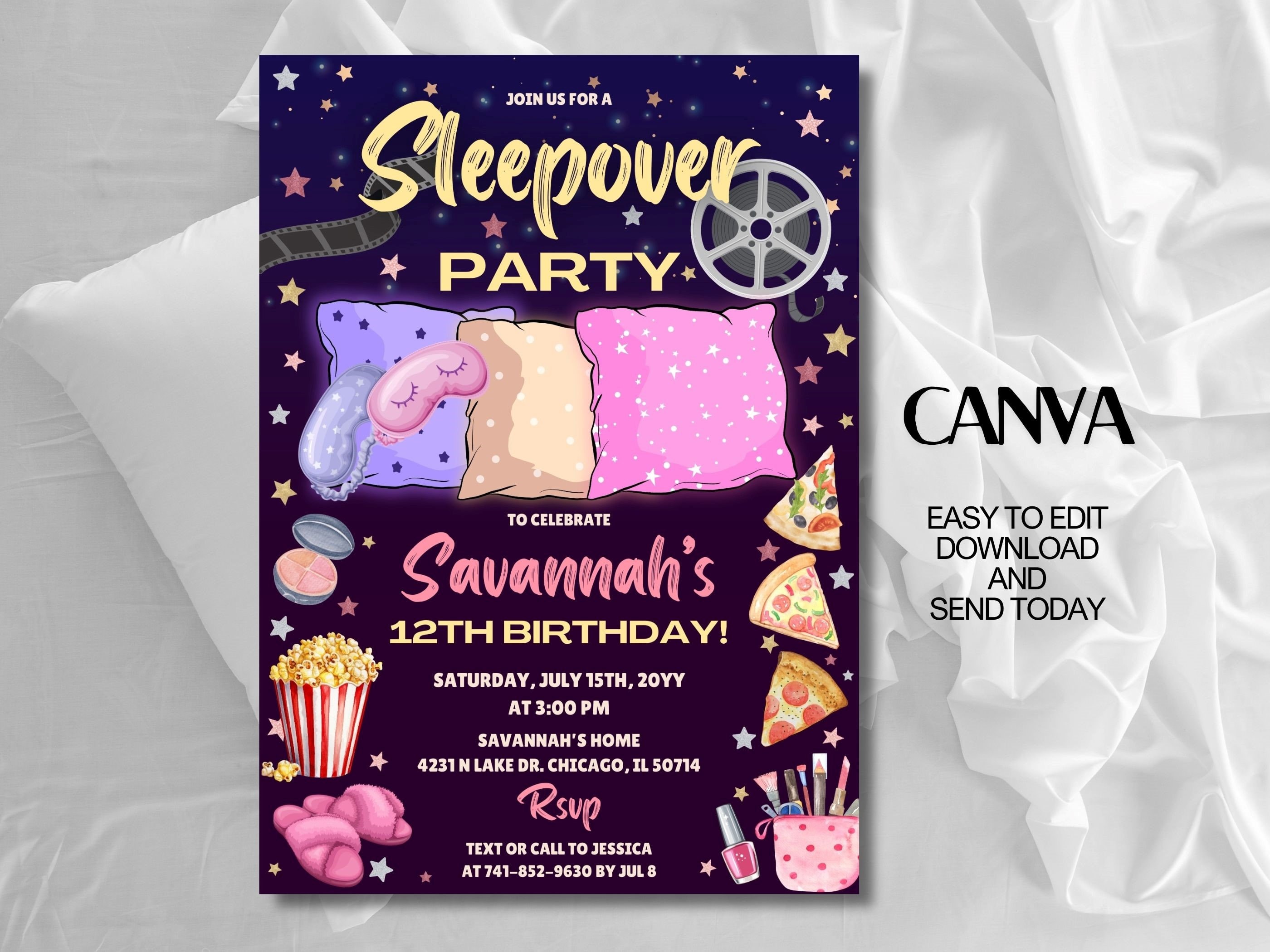 Editable Sleepover Birthday Invitation: Pajama Party Template (canva ...
