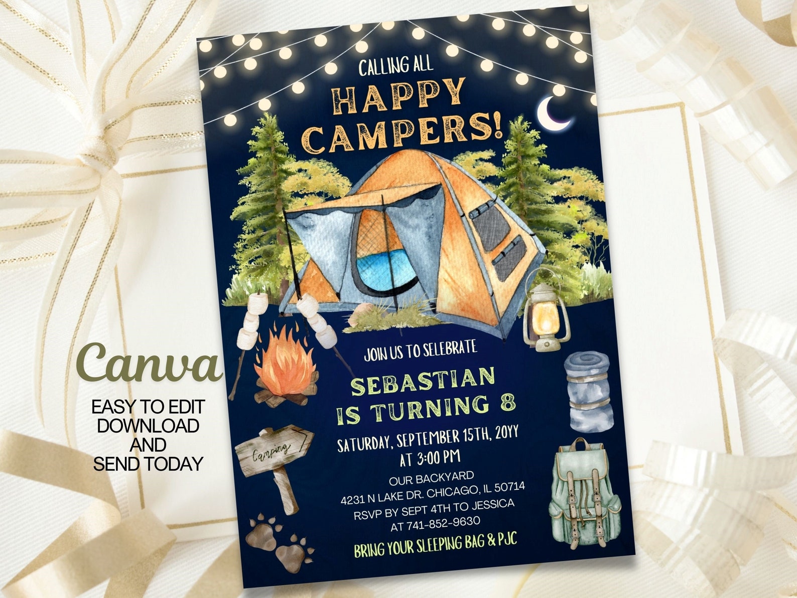 Editable Happy Camper Birthday Party Invitation, Camping Birthday ...