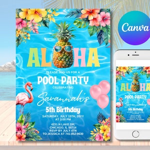 Editable Aloha Pool Party Birthday Invitation, Hawaiian Pool Party ...