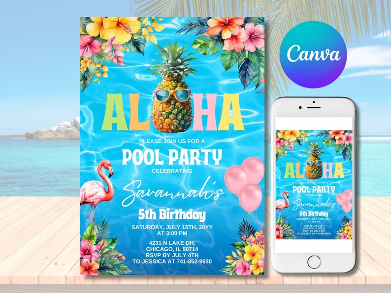 Editable Aloha Pool Party Birthday Invitation, Hawaiian Pool Party ...