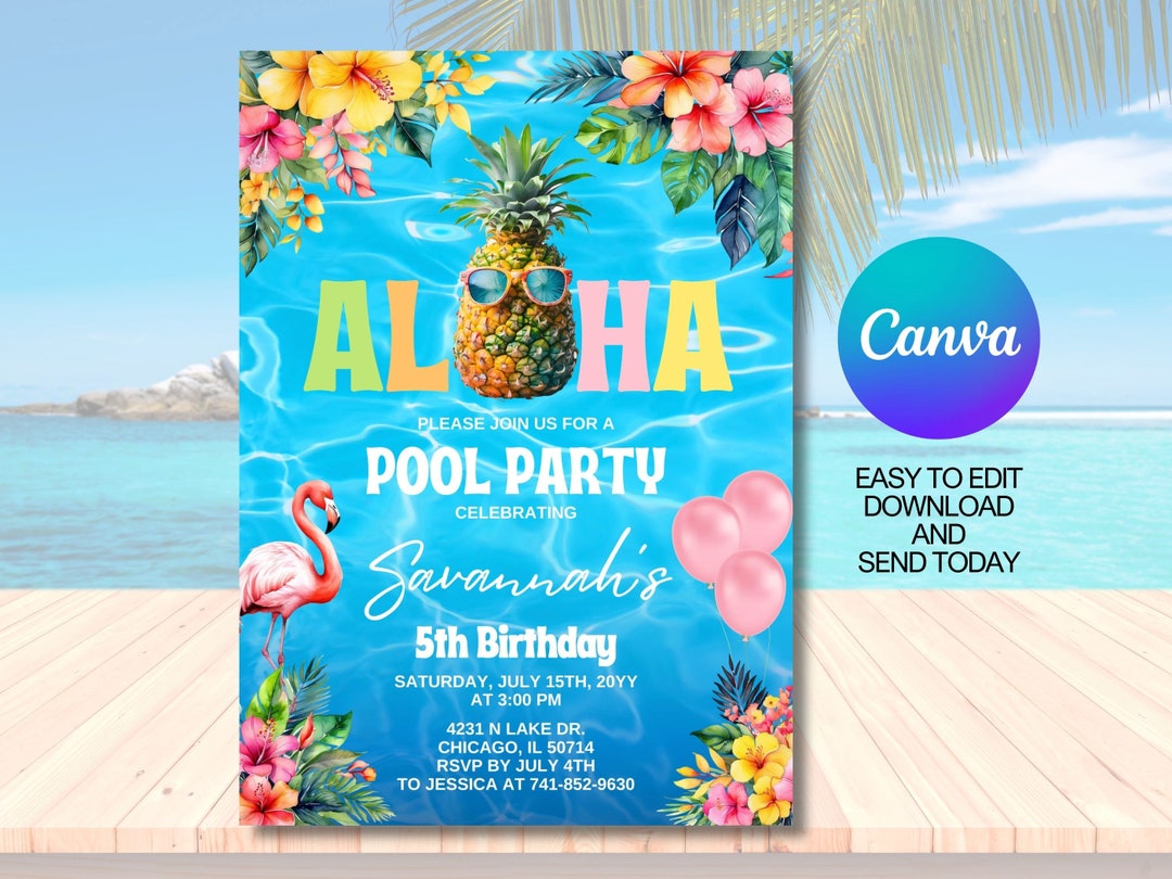 Editable Aloha Pool Party Birthday Invitation, Hawaiian Pool Party ...