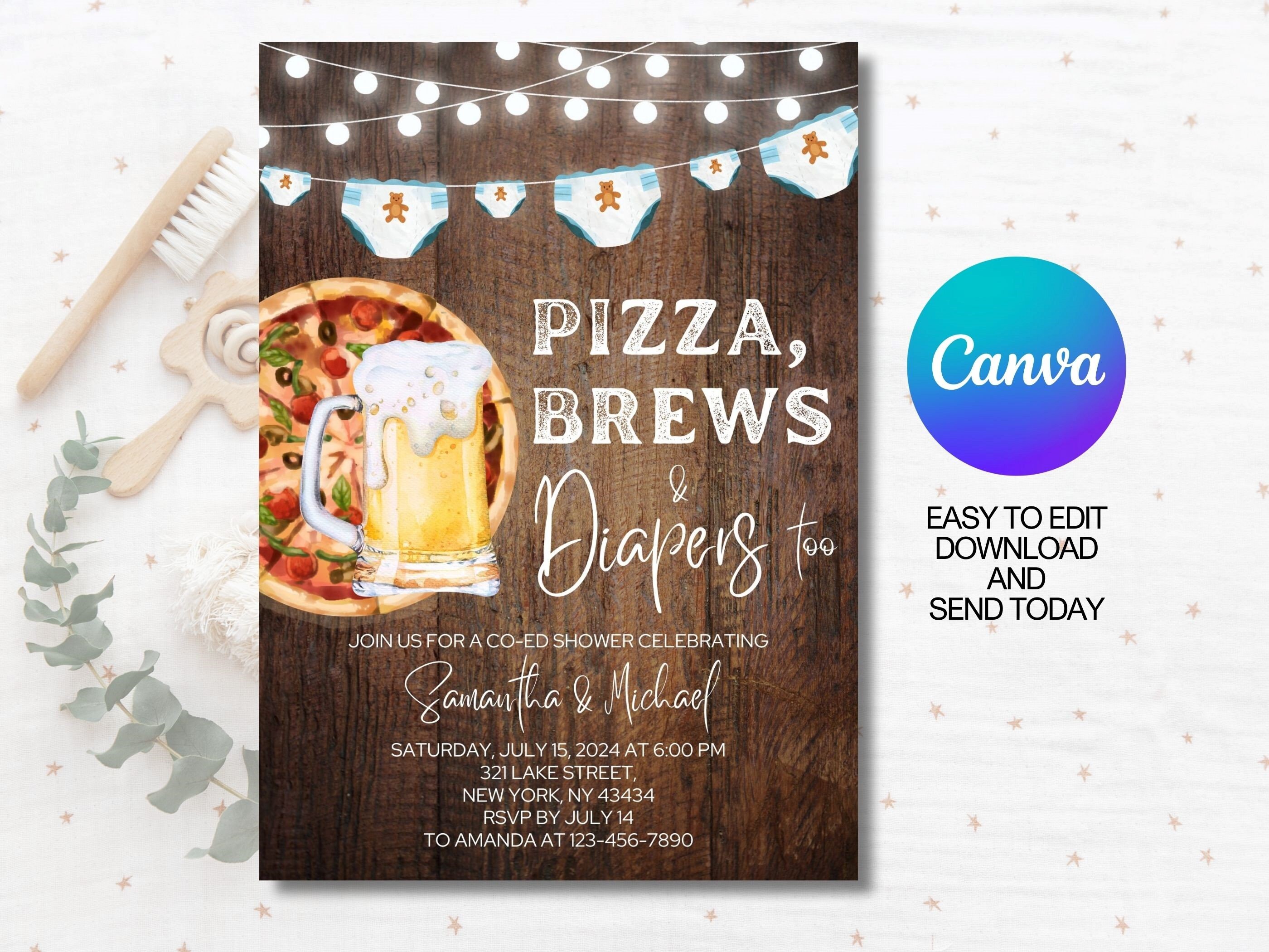 Pizza Brews & Diapers Baby Shower Invitation Template (canva, 5x7 ...