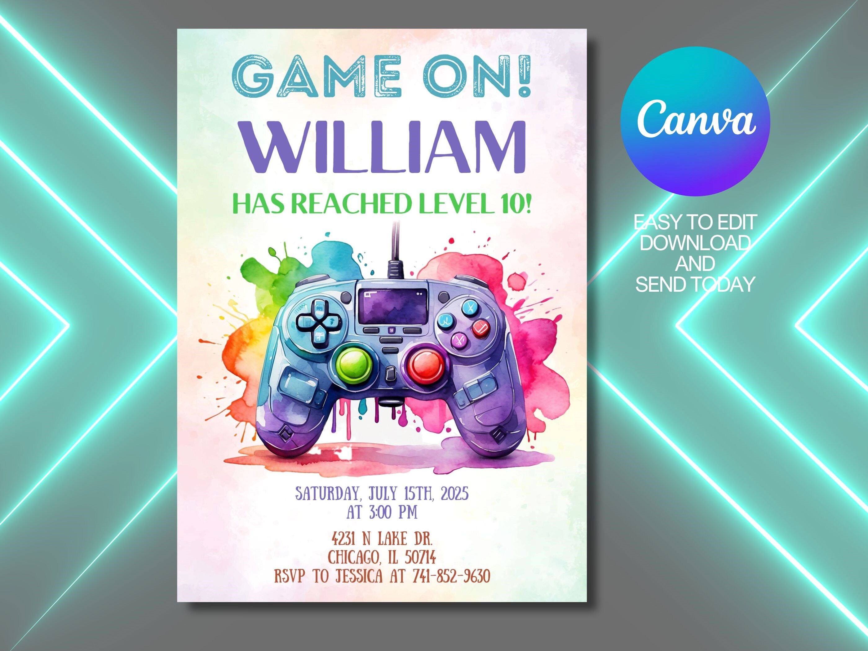 Video Game Party Invitation Template, Editable Game on Birthday Invite ...