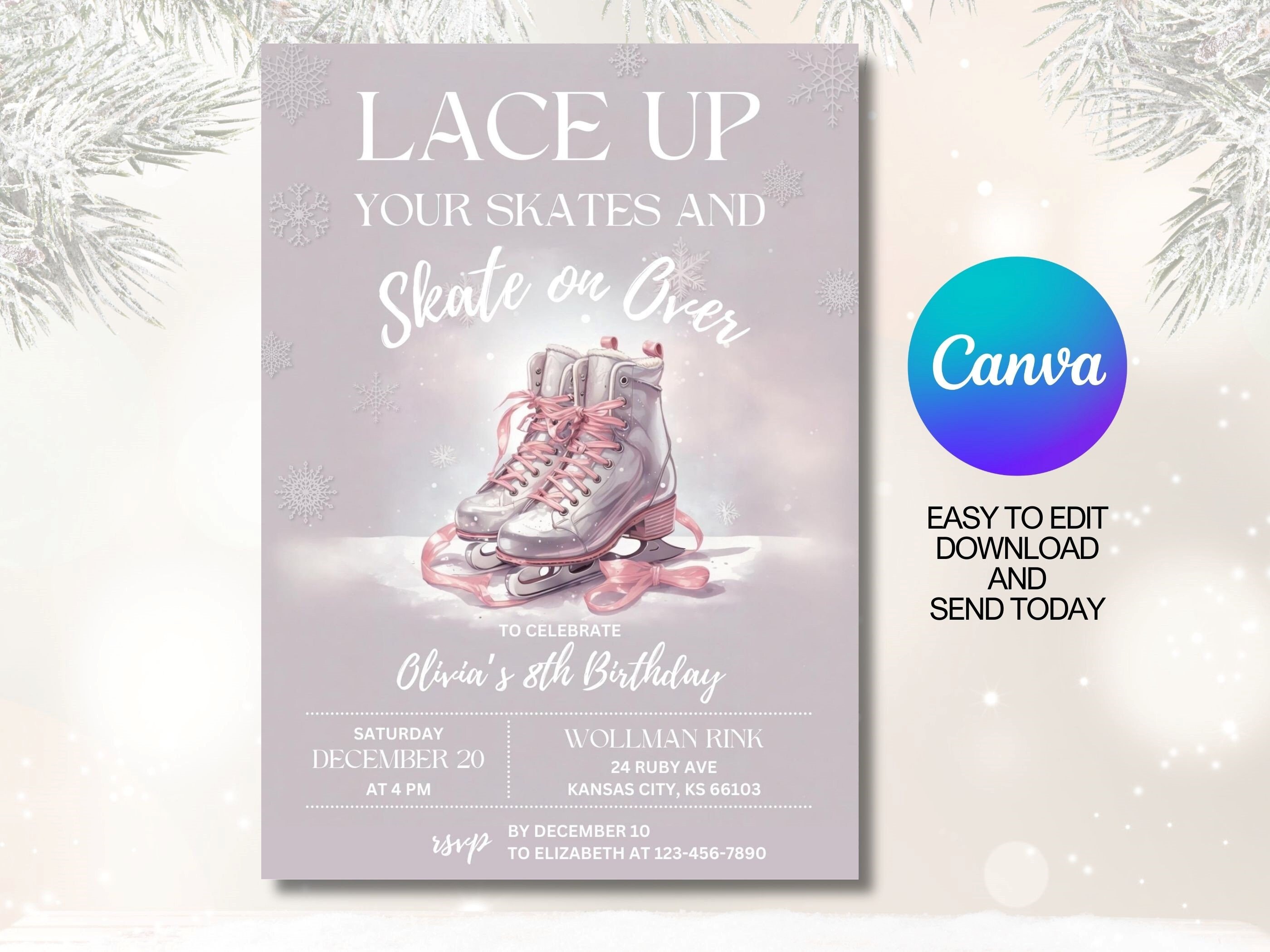 Editable Ice Skating Birthday Party Invitation Template, Grey Pink Ice ...