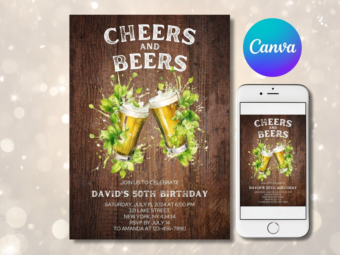 Editable Cheers and Beers Birthday Party Invitation Template - Etsy