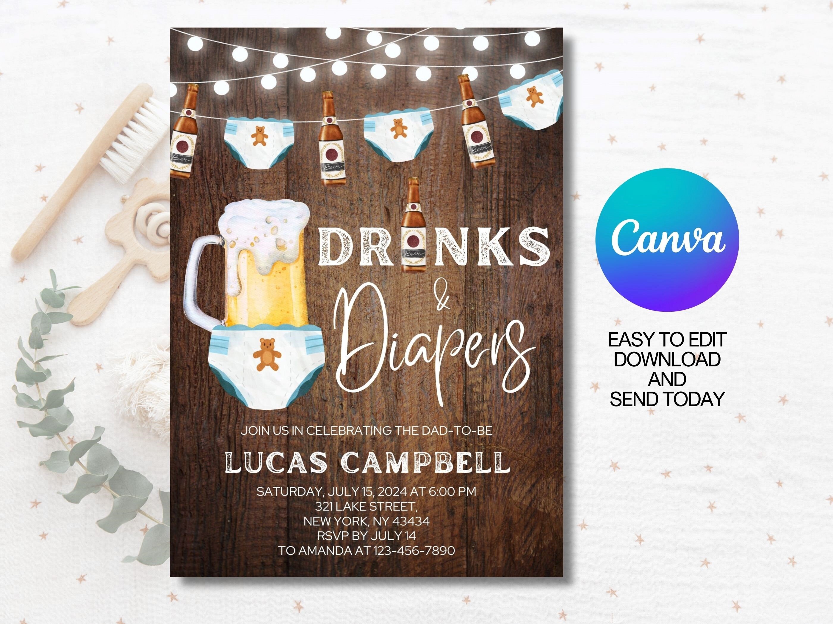 Editable Dad to Be Shower Invitation Template, Diaper and Drinks Party ...