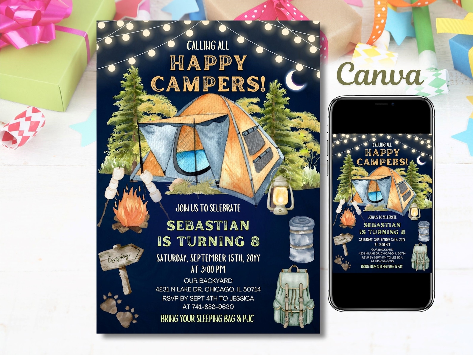 Editable Happy Camper Birthday Party Invitation, Camping Birthday ...