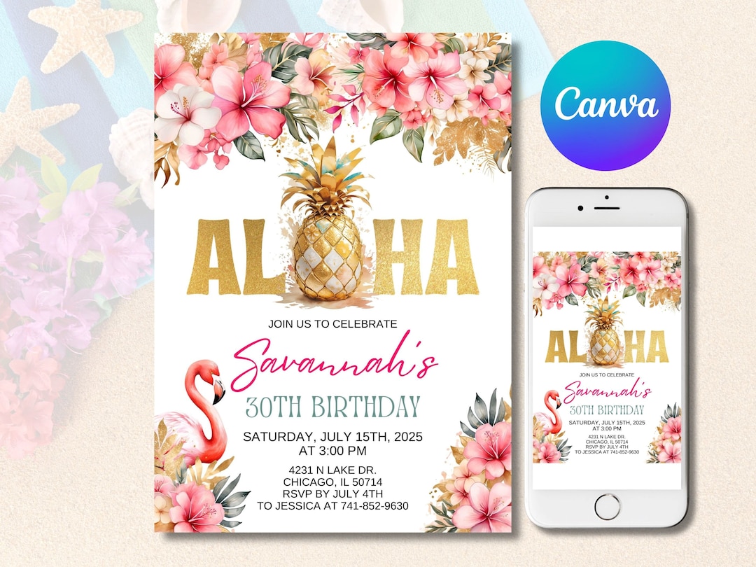 Editable Aloha Birthday Invitation, Hawaiian Birthday Invitation ...