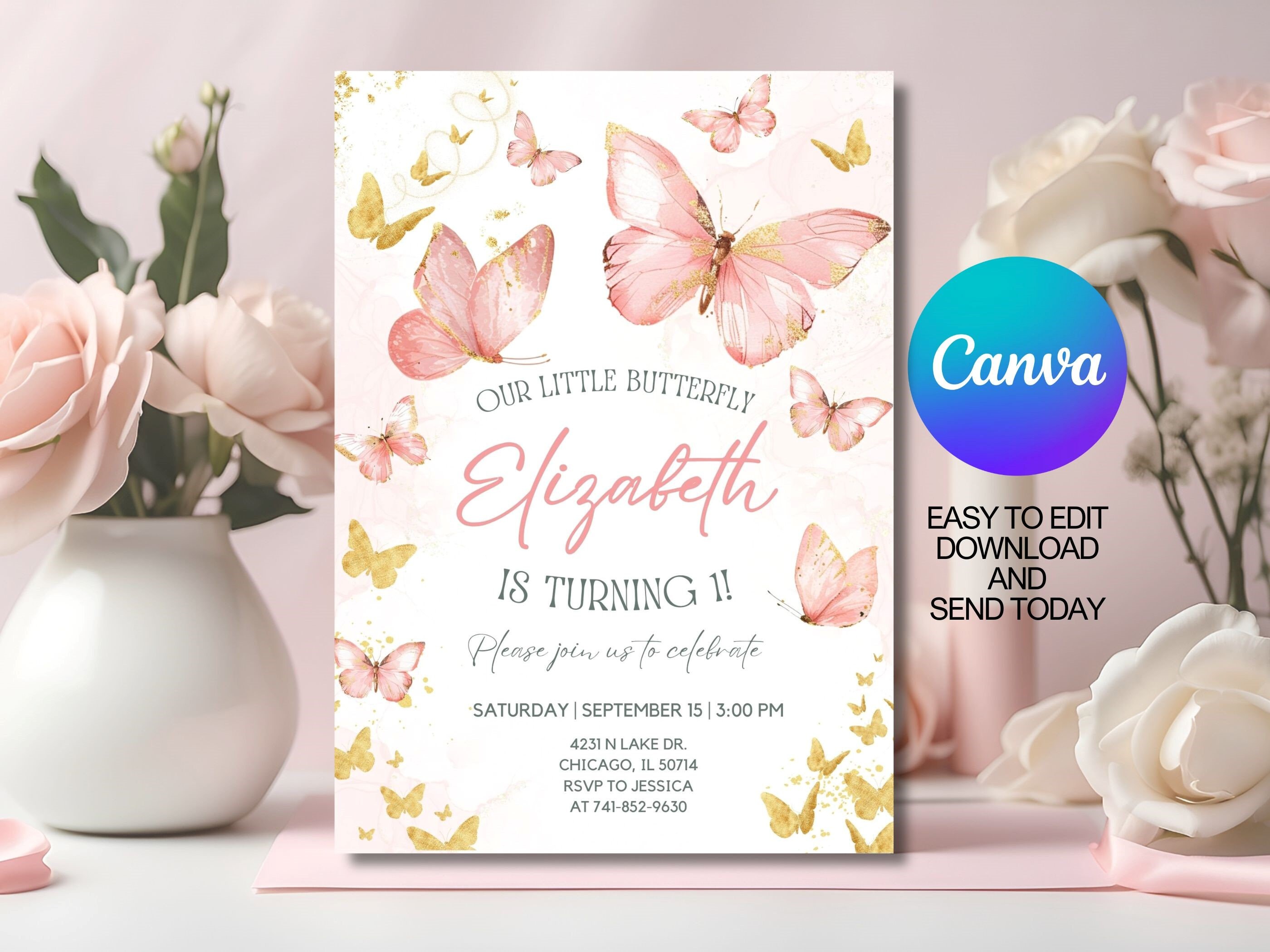 Editable Butterfly 1st Birthday Invitation, Girl Pink Butterfly ...