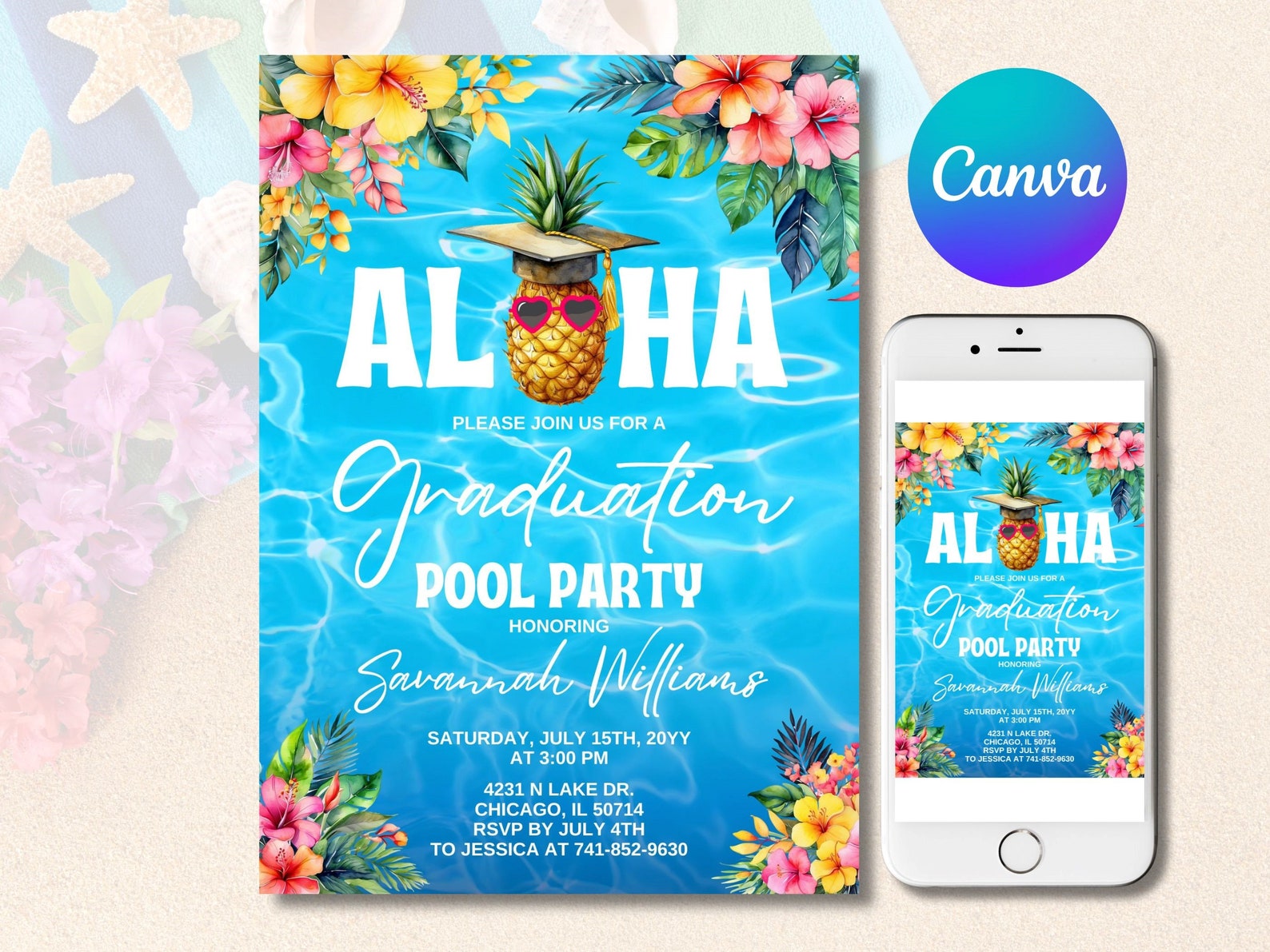 Editable Graduation Pool Party Invitation, Hawaiian Aloha Pool Party ...
