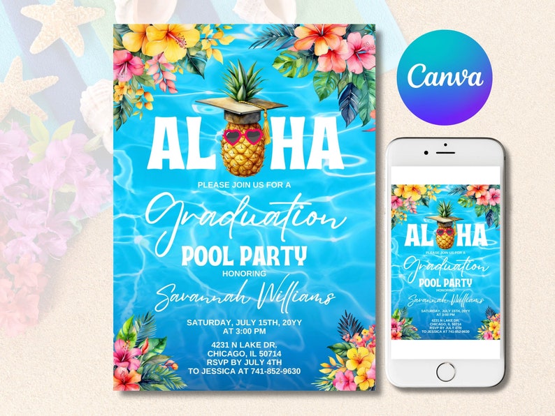 Editable Graduation Pool Party Invitation, Hawaiian Aloha Pool Party ...