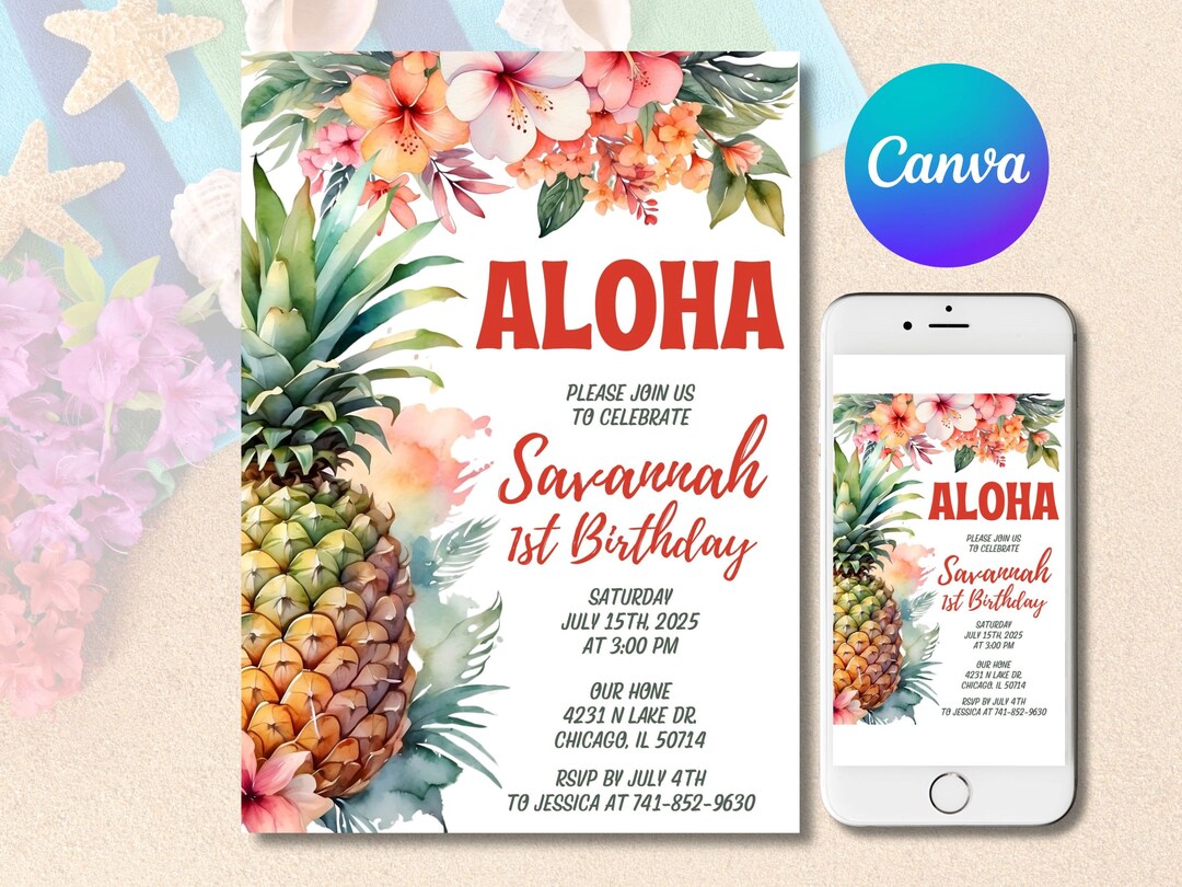 Editable Aloha Birthday Invitation, Hawaiian Birthday Template, Canva ...