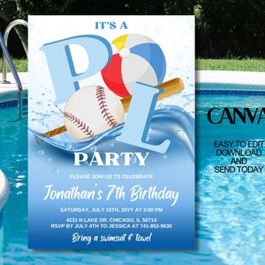 Editable Pool Baseball Party Birthday Invitation, Sports Pool Party ...