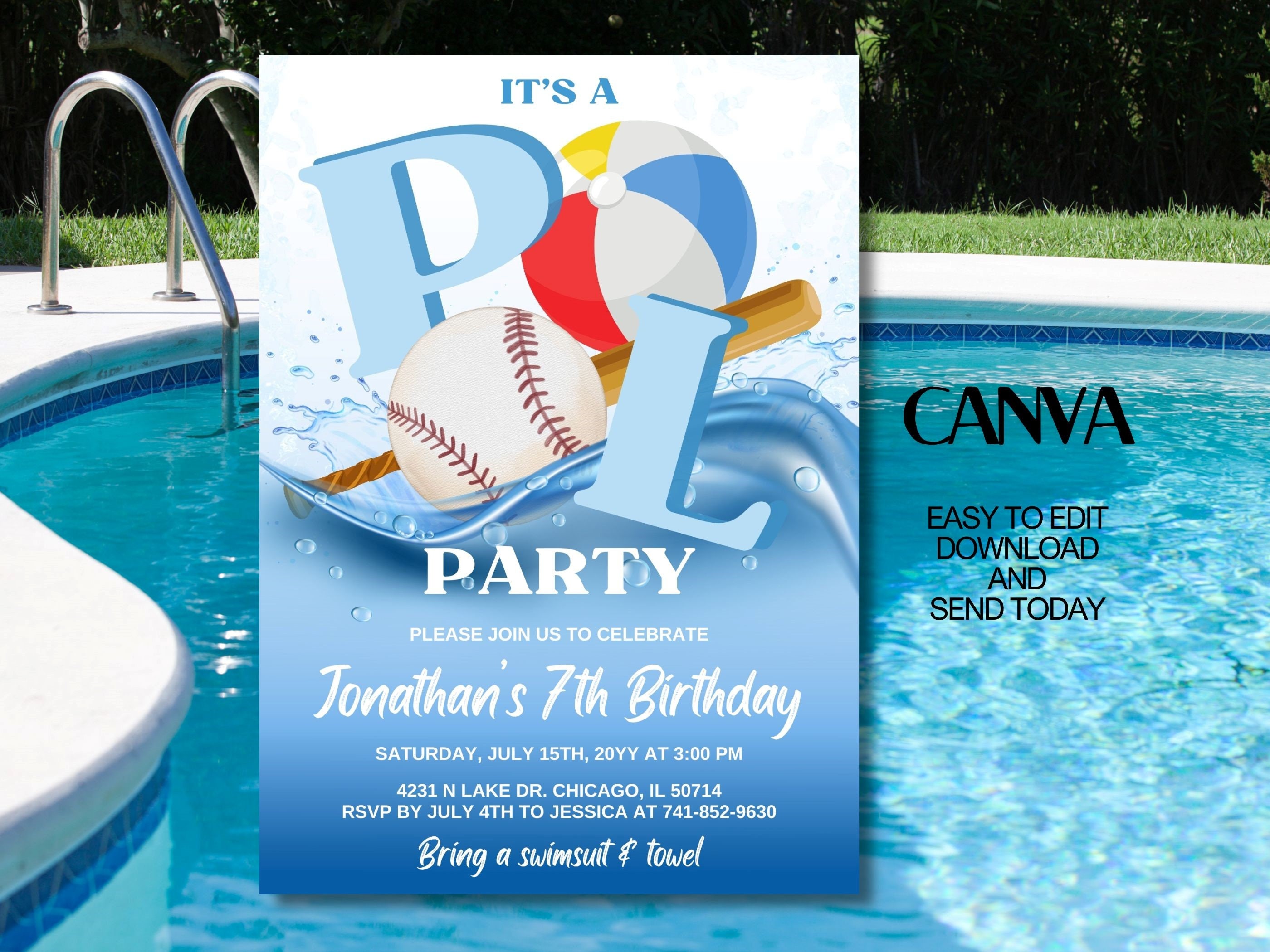 Editable Pool Baseball Party Birthday Invitation, Sports Pool Party ...
