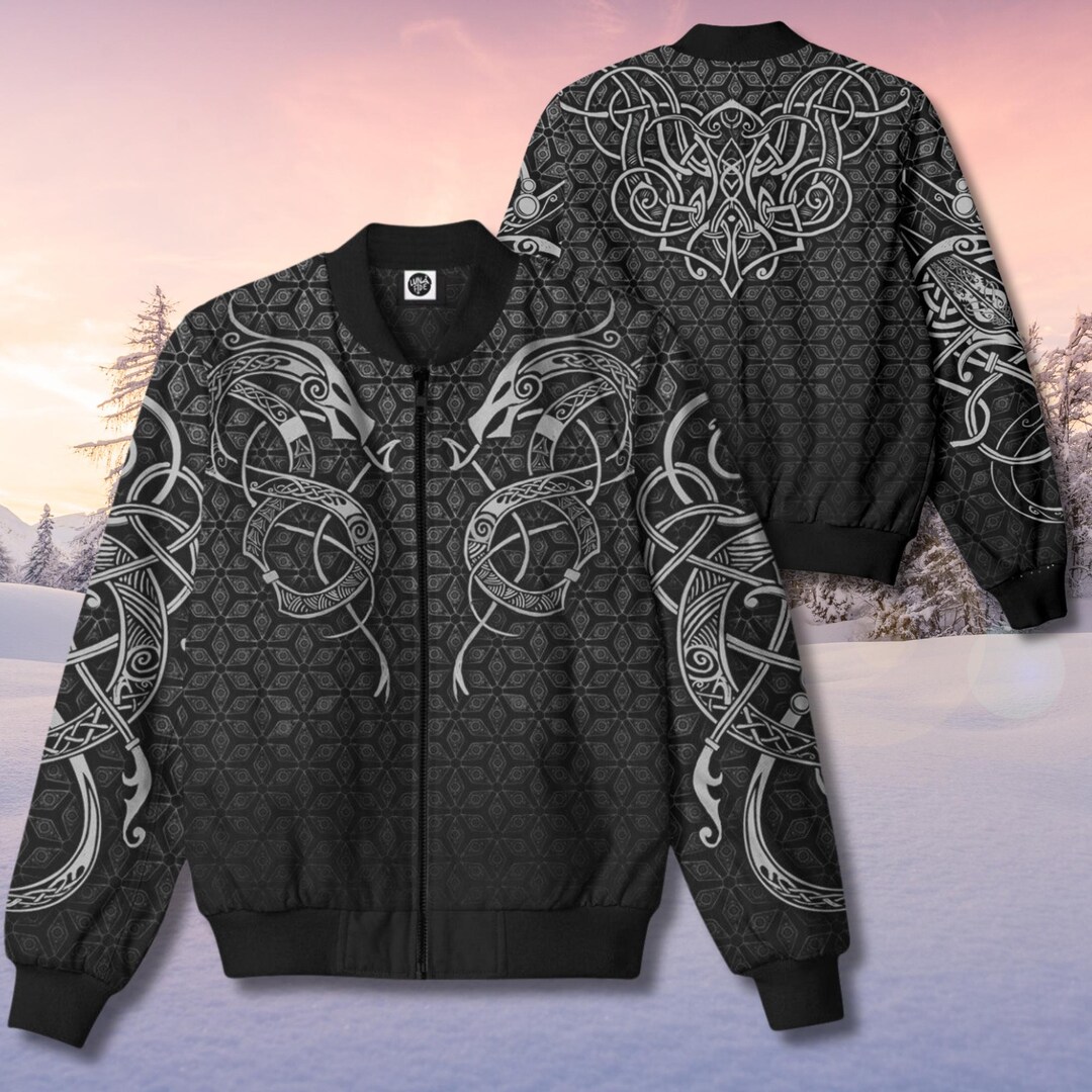 Viking Norse Mythology Bomber Jacket With Celtic Dragon Tattoo Design ...