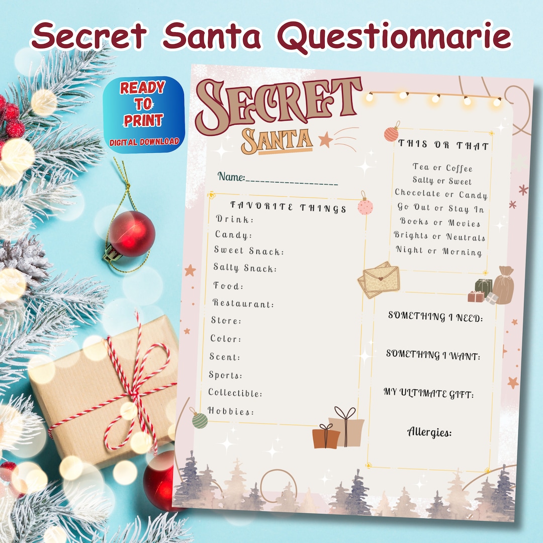 Secret Santa Questionnaire for Coworkers Editable, Printable Form ...