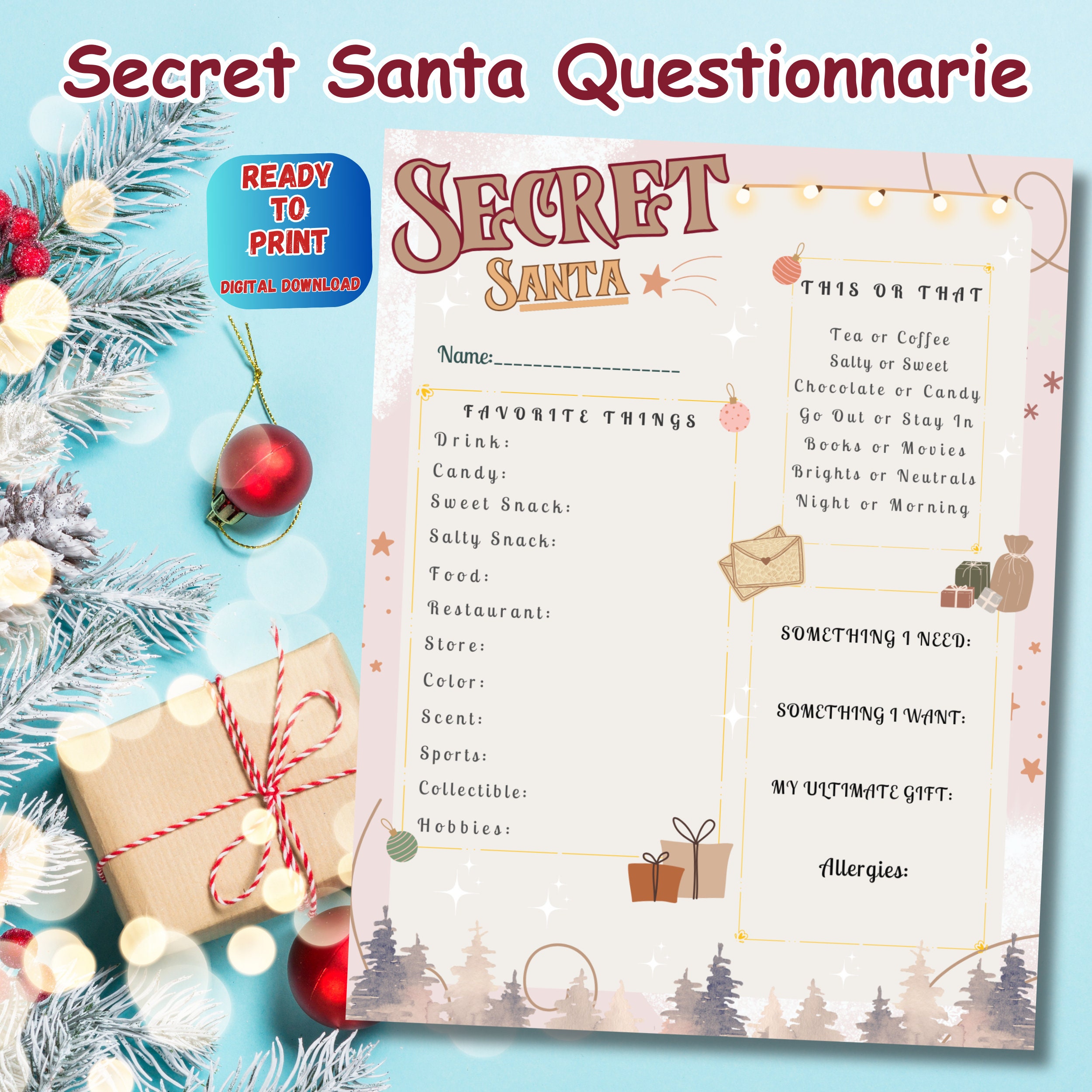 Secret Santa Questionnaire for Coworkers Editable, Printable Form ...