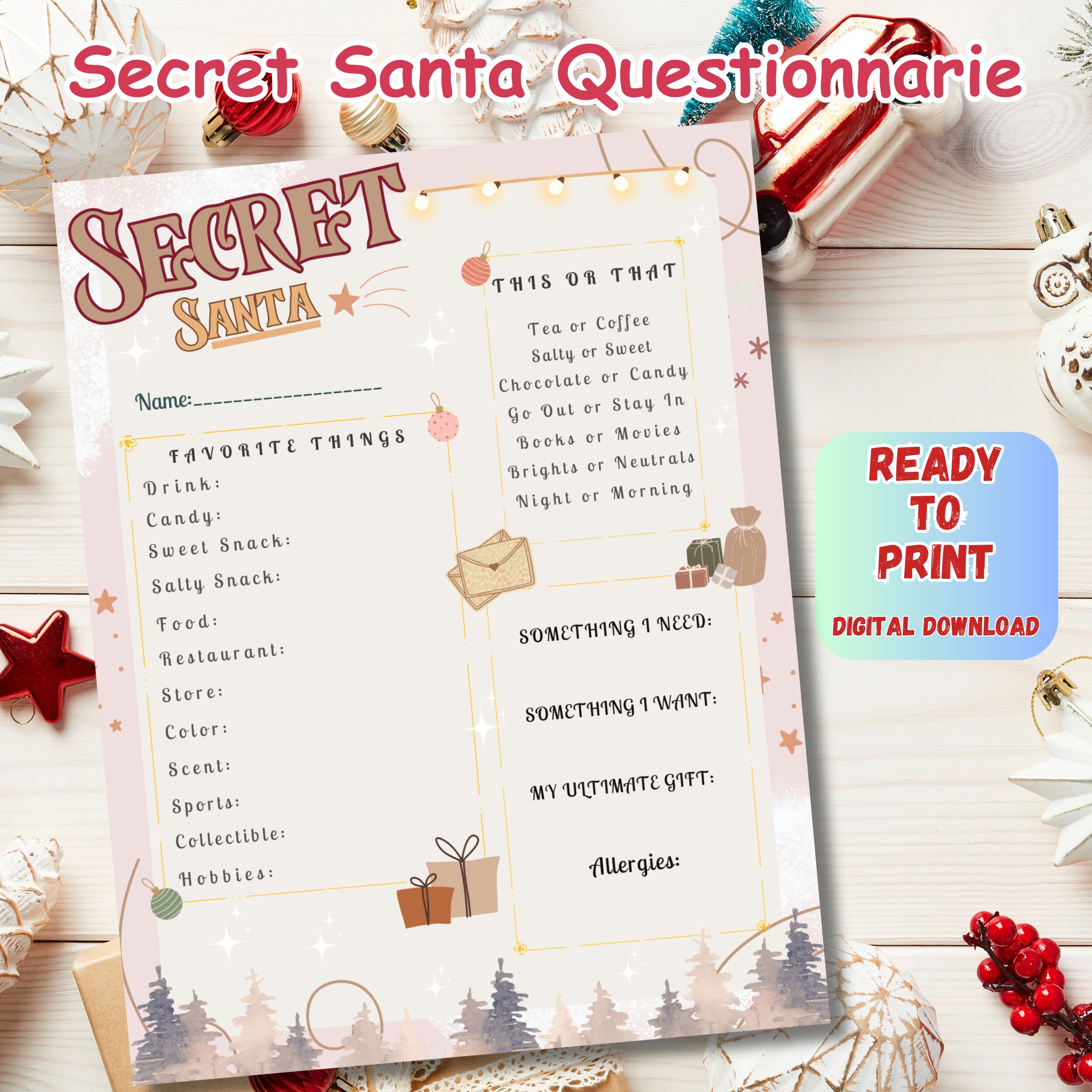 Secret Santa Questionnaire for Coworkers Editable, Printable Form ...