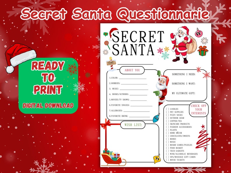 Secret Santa Questionnaire, Christmas Party,work Secret Santa,secret ...
