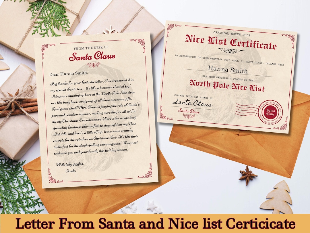 Letter From Santa, Nice List Certificate,printable Santa Letter,santa ...
