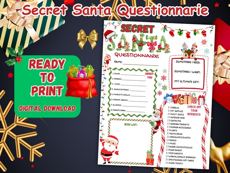 Secret Santa Questionnaire, Christmas Party,work Secret Santa, Secret ...