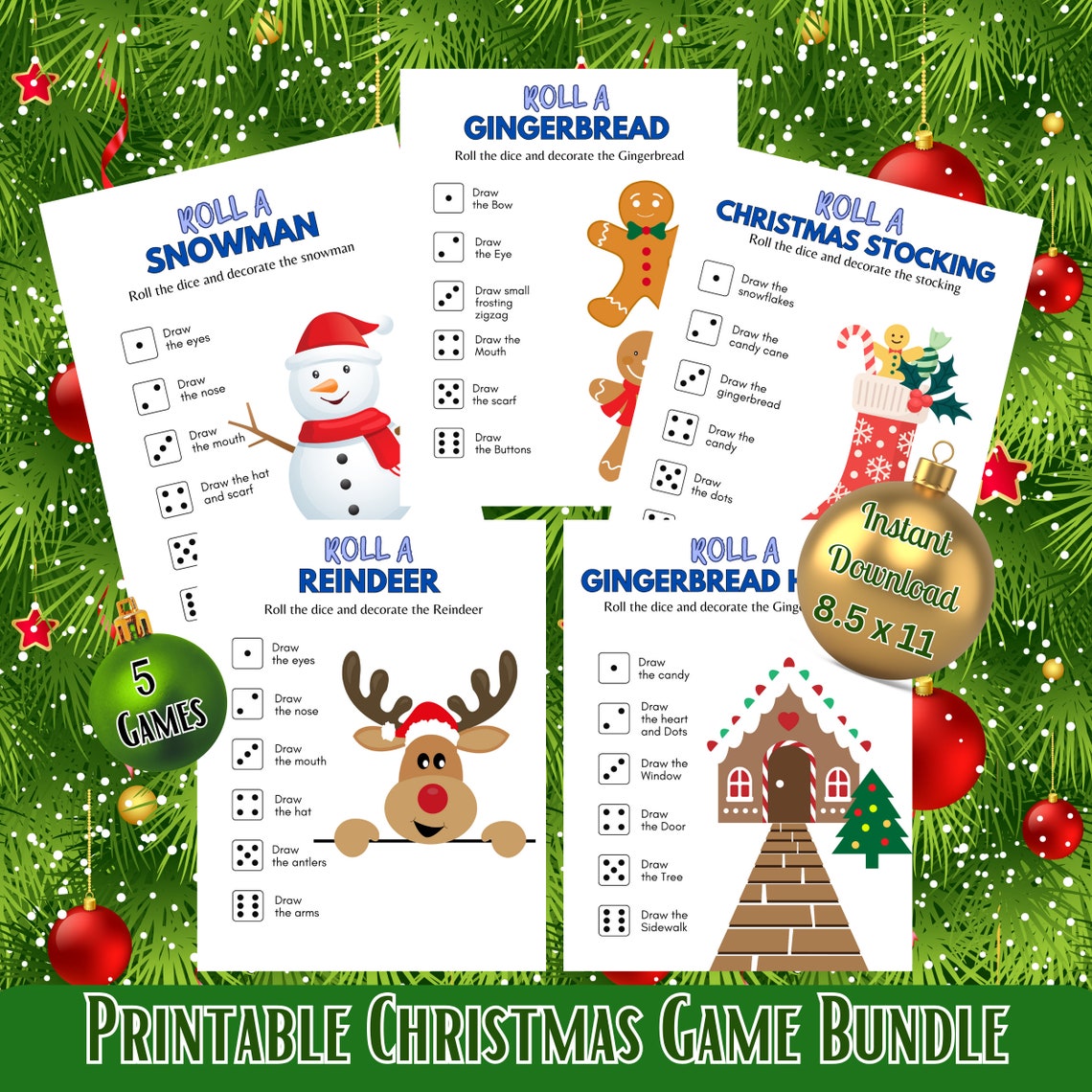 Printable Christmas Game Bundle,roll A Snowman Game,winter Activity for ...