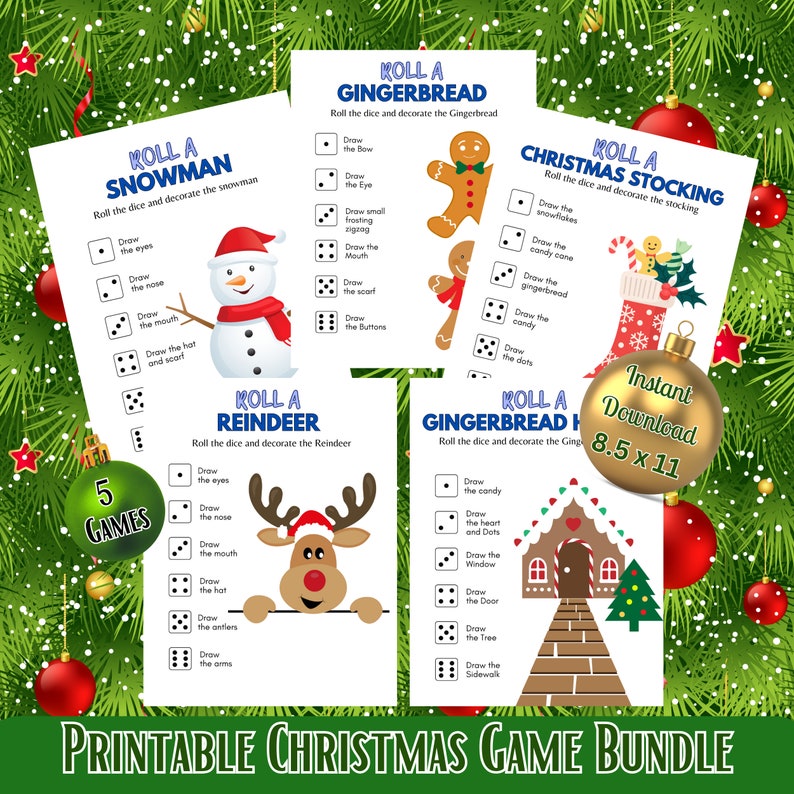 Printable Christmas Game Bundle,roll A Snowman Game,winter Activity for ...