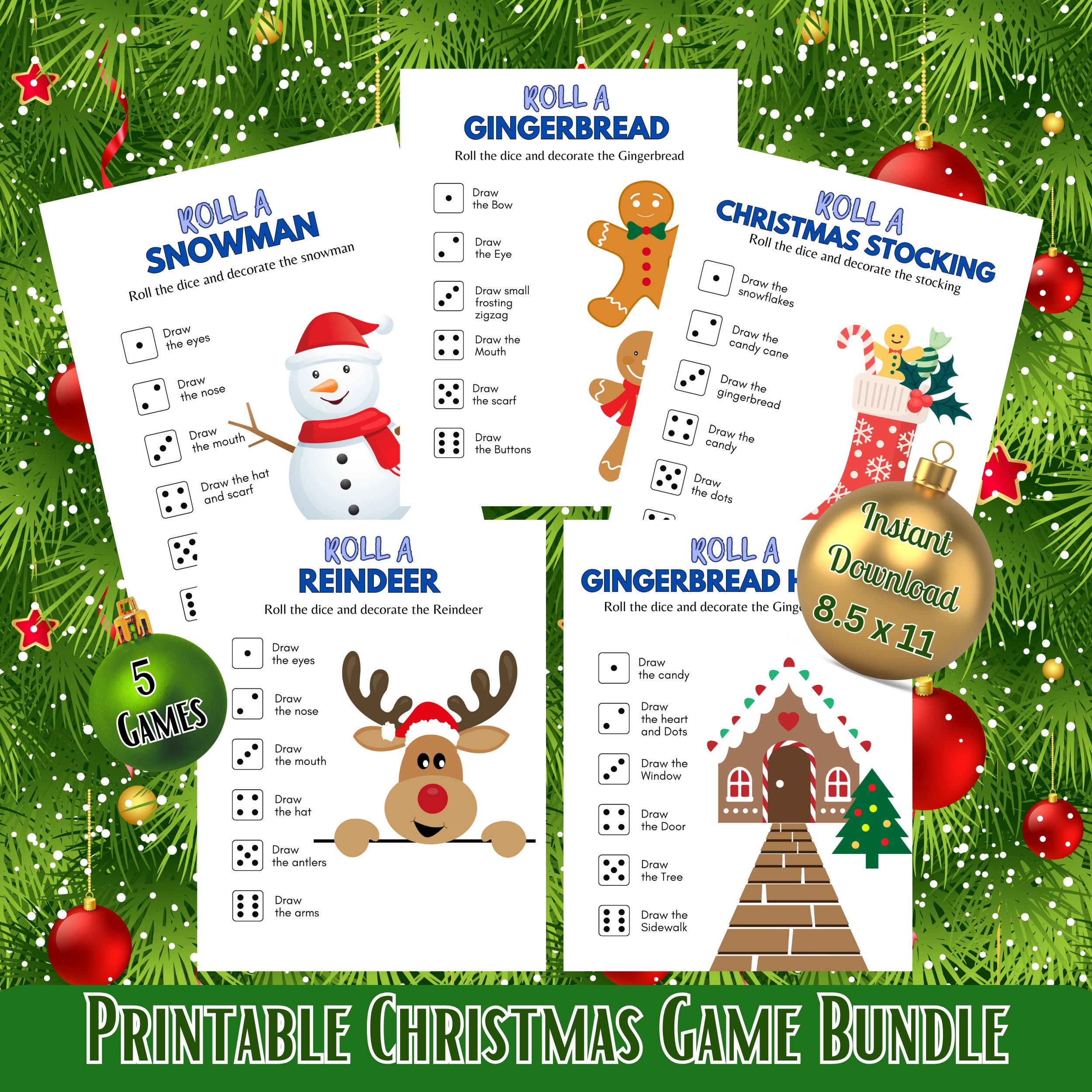 Printable Christmas Game Bundle,roll A Snowman Game,winter Activity for ...