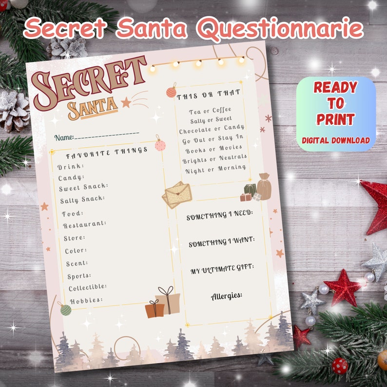 Secret Santa Questionnaire for Coworkers Editable, Printable Form ...
