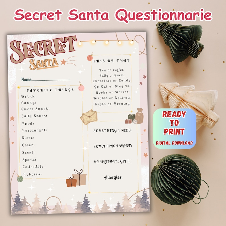 Secret Santa Questionnaire for Coworkers Editable Printable - Etsy