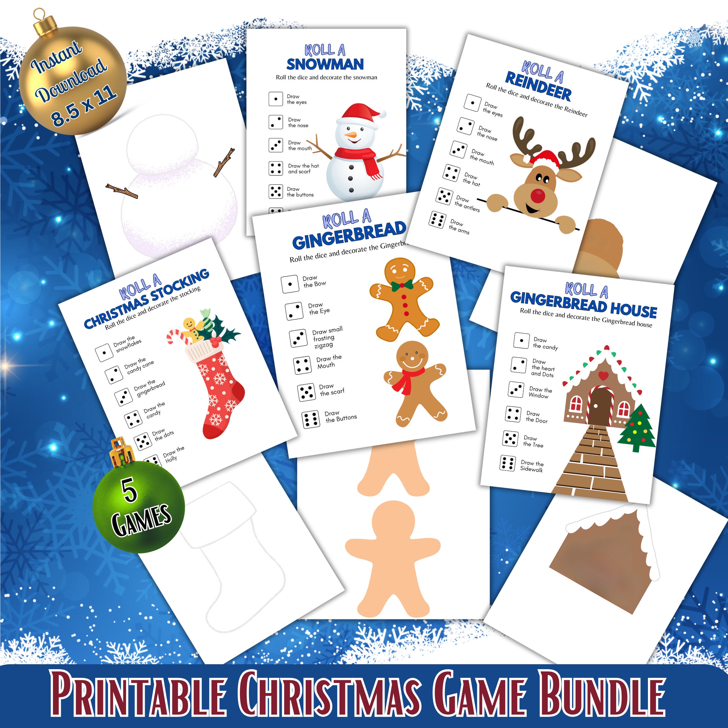 Printable Christmas Game Bundle,roll A Snowman Game,winter Activity for ...