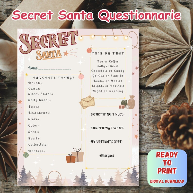 Secret Santa Questionnaire for Coworkers Editable, Printable Form ...