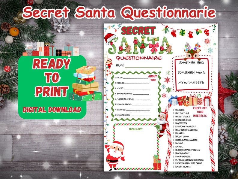 Secret Santa Questionnaire, Christmas Party,work Secret Santa, Secret ...