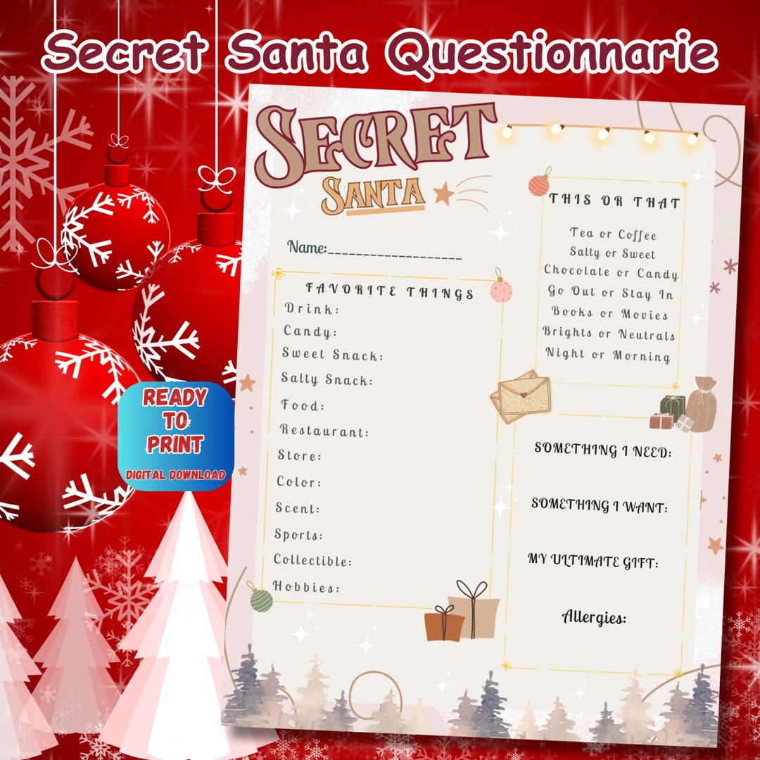 Secret Santa Questionnaire for Coworkers Editable, Printable Form ...
