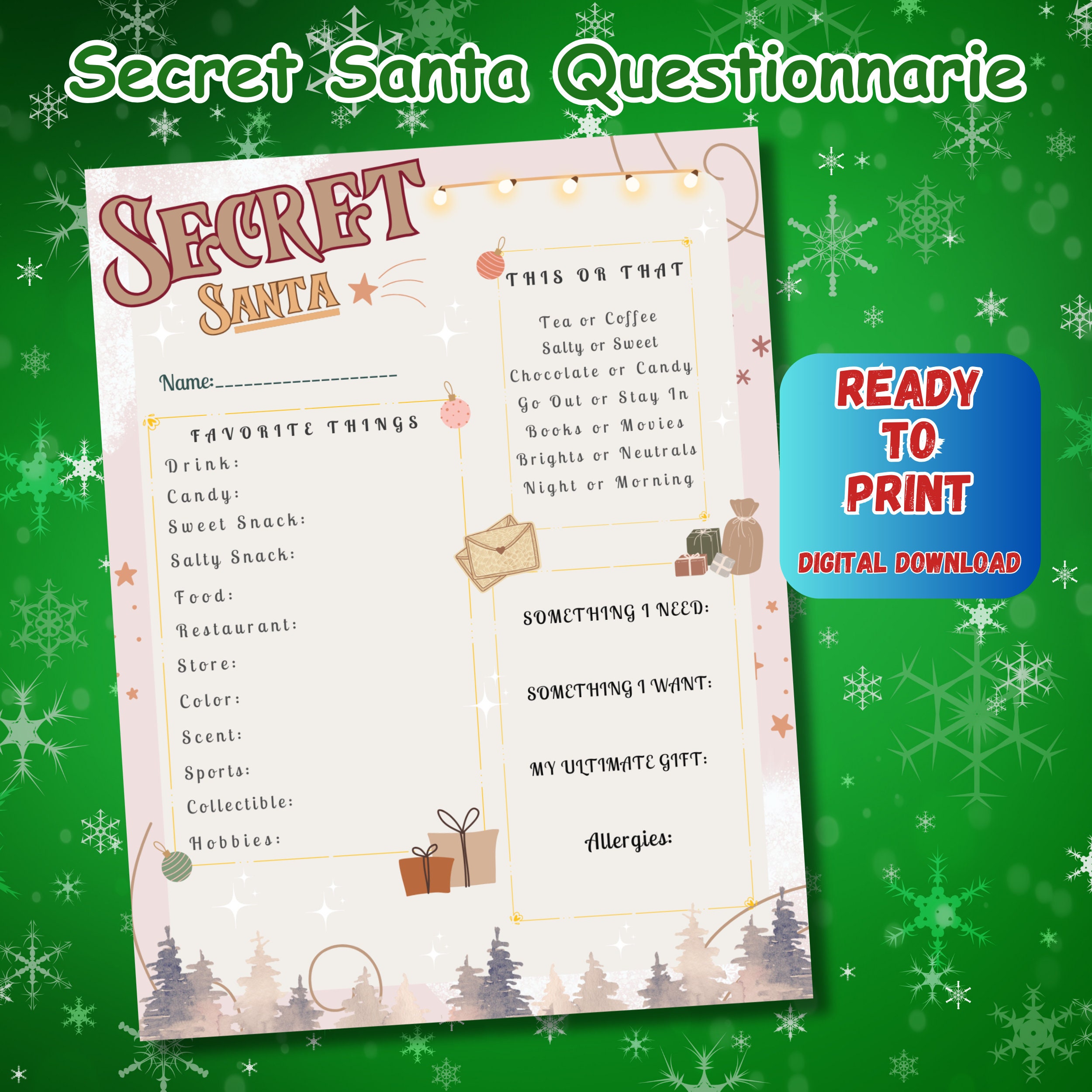 Secret Santa Questionnaire for Coworkers Editable, Printable Form ...