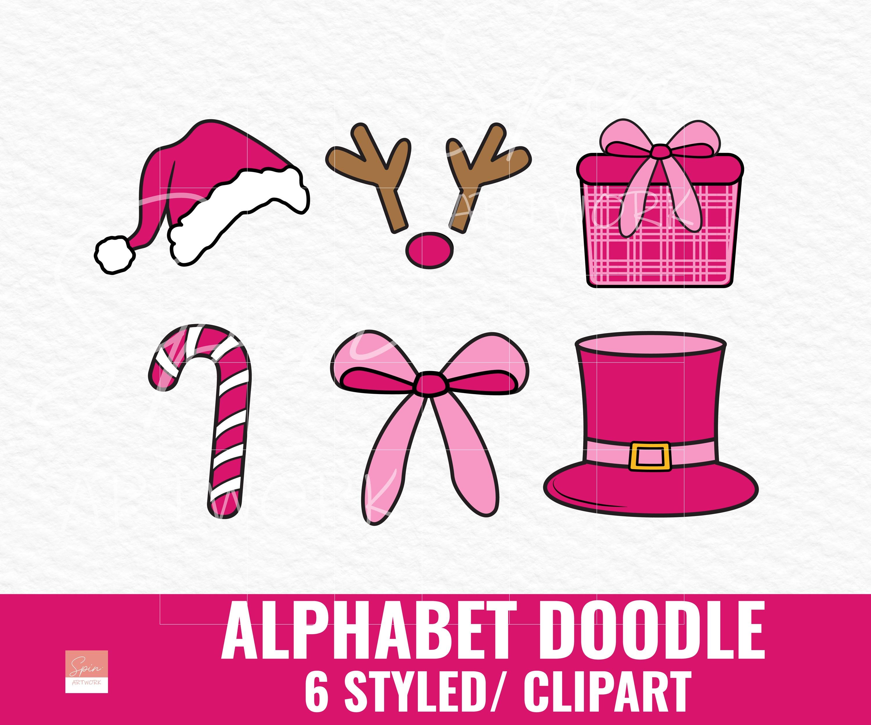 Christmas Pink Alphabet Doodle Clip Art PNG Files, Xmas Clipart Doodle ...