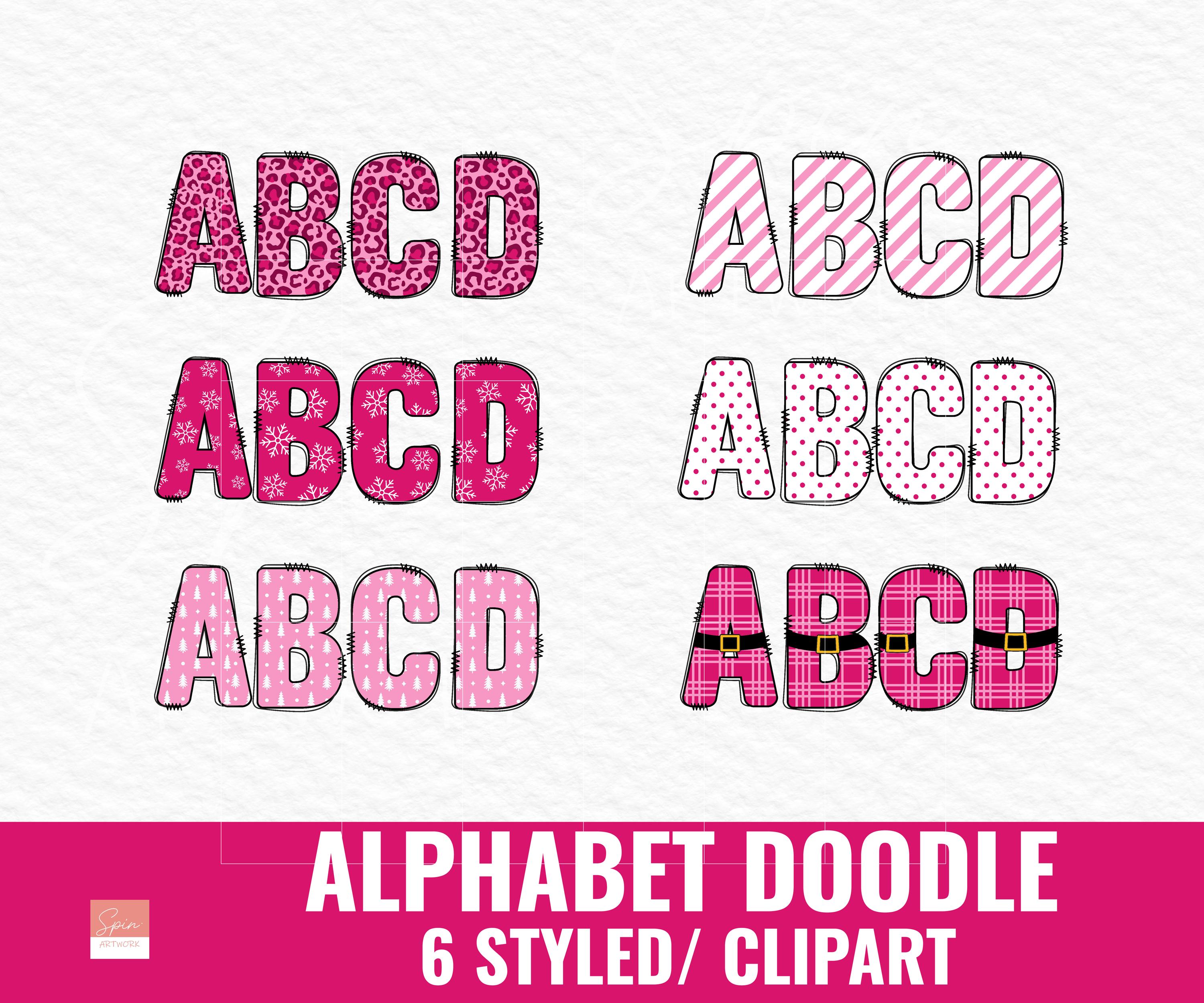 Christmas Pink Alphabet Doodle Clip Art PNG Files, Xmas Clipart Doodle ...