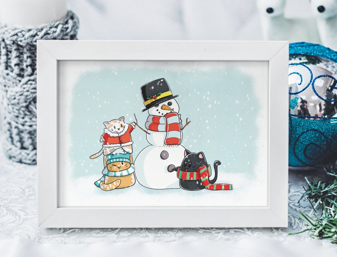 Cute Snowman and Cats Winter Small Wall Art Print - Etsy
