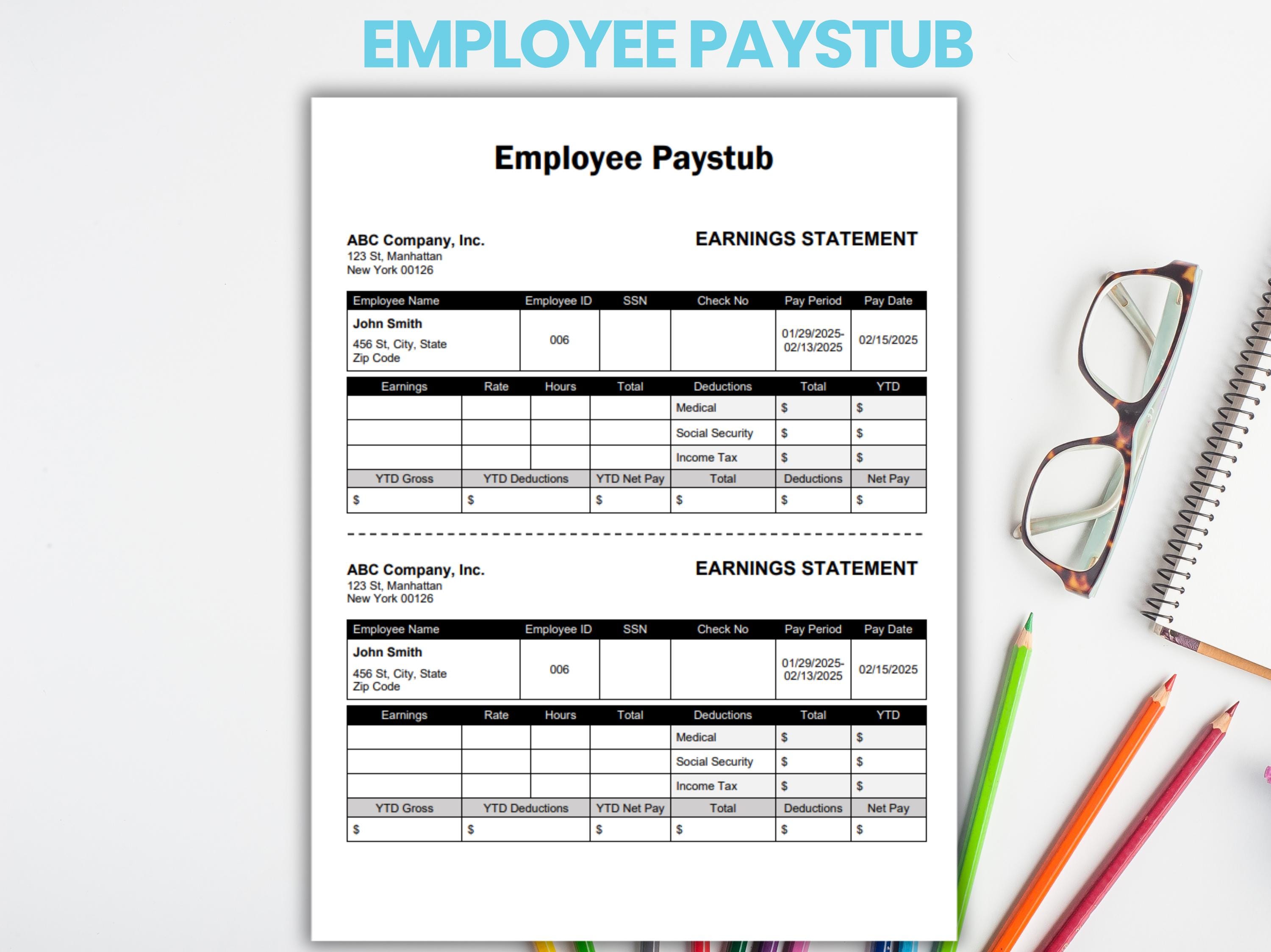 Employee Pay Stub, Editable Pay Stub Template, Paycheck Stub, Employee ...