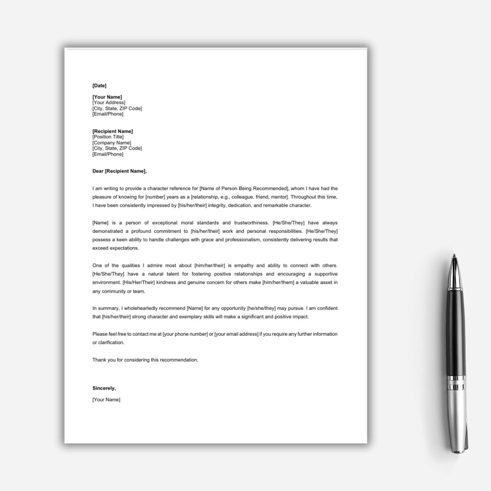 Professional Character Reference Letter Template, Character Reference ...