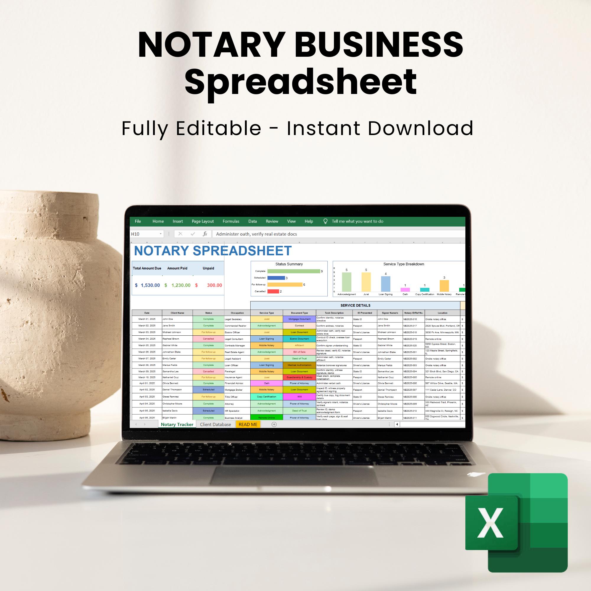 Notary Business Spreadsheet, Notary Spreadsheet, Loan Signing, Notary ...