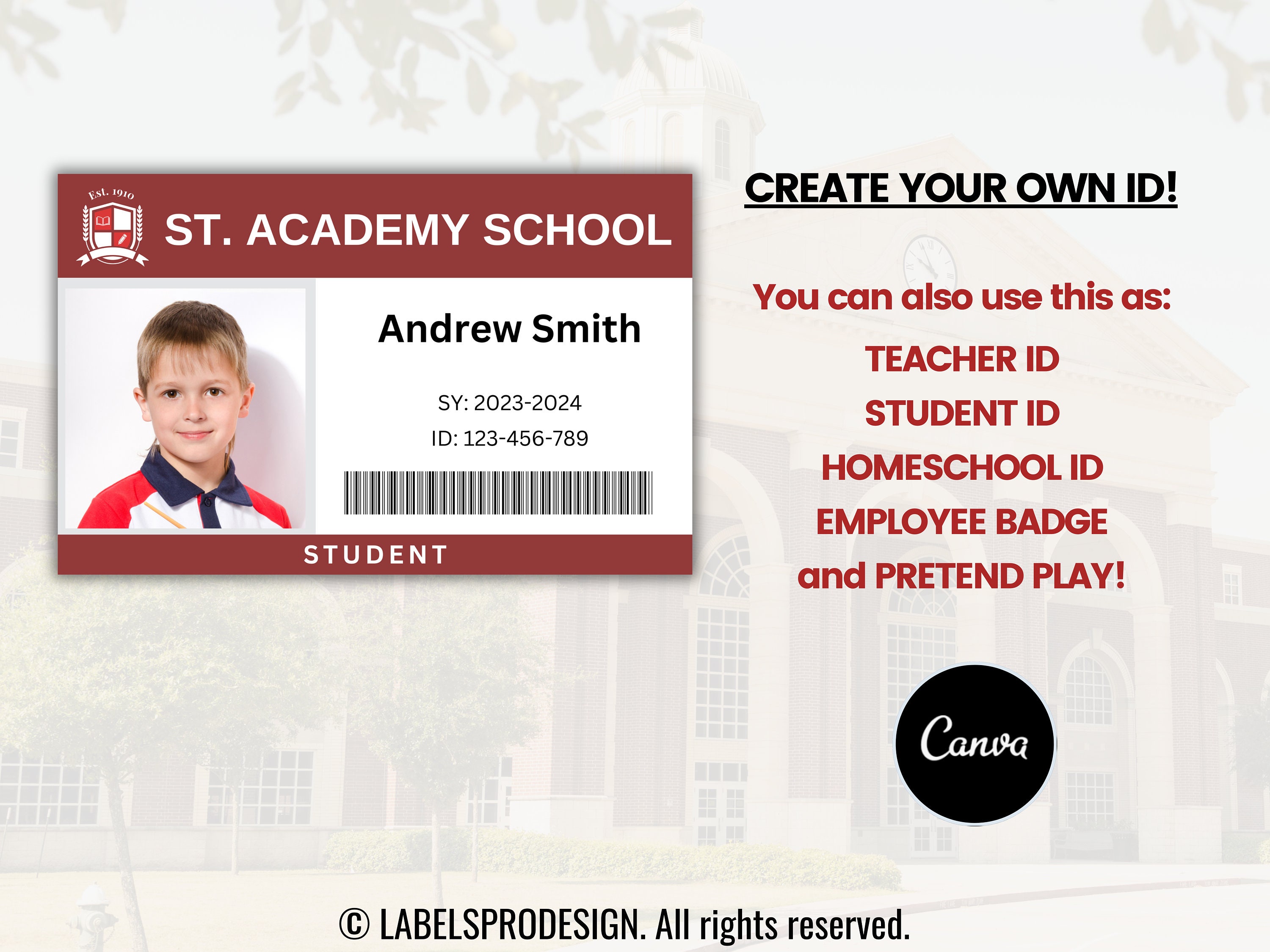 Student ID Card Template, Editable School ID, Homeschool Teacher Badge ...