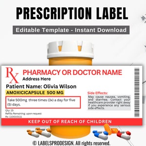 Prescription Label Template, Editable Medicine Label, Pill Bottle Label ...