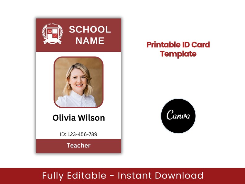 Teacher ID Card Template, Editable ID Template, Custom Teacher, Student ...